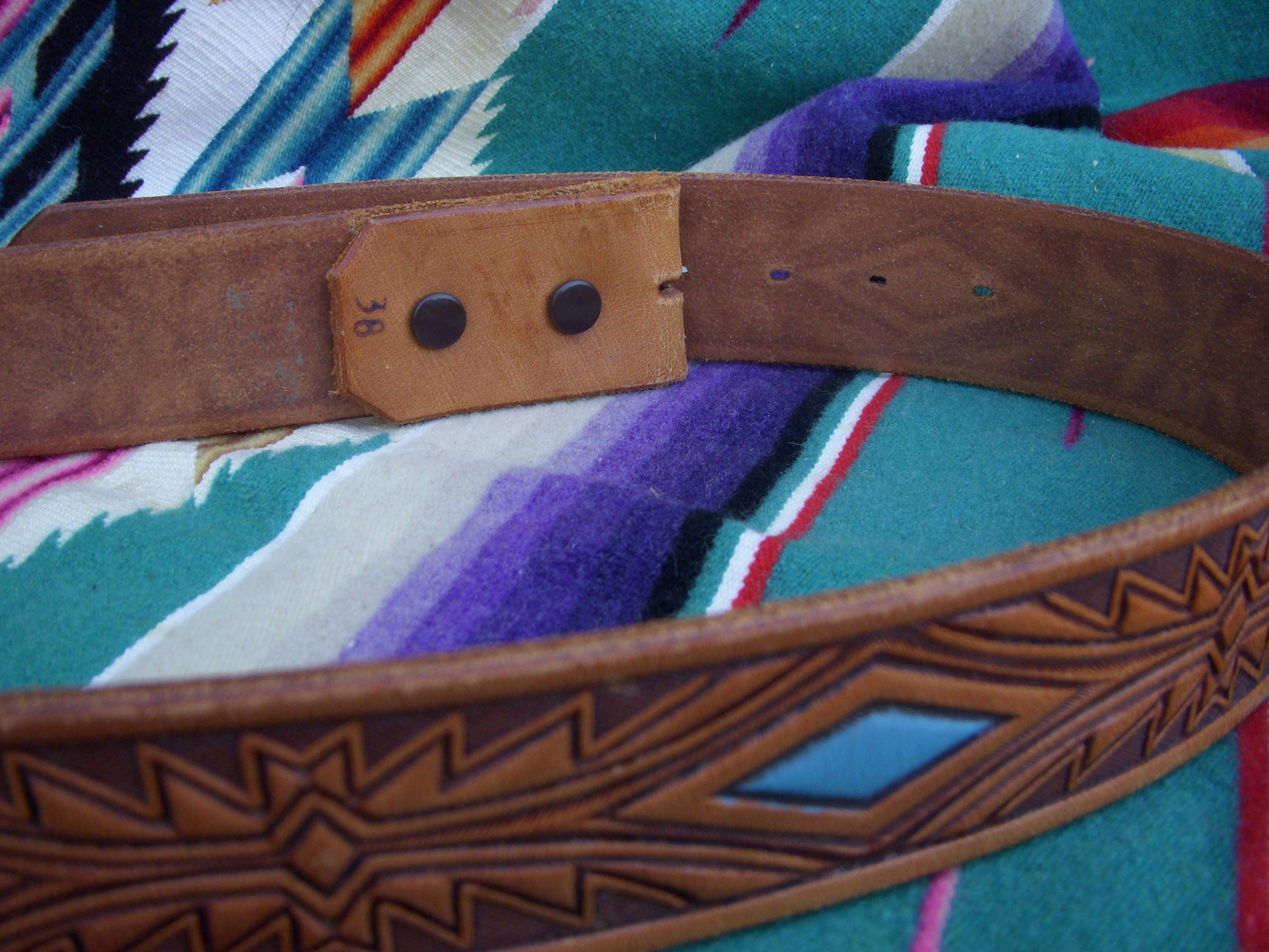 Vintage Tooled Leather Western Aztec Belt with Turquoise