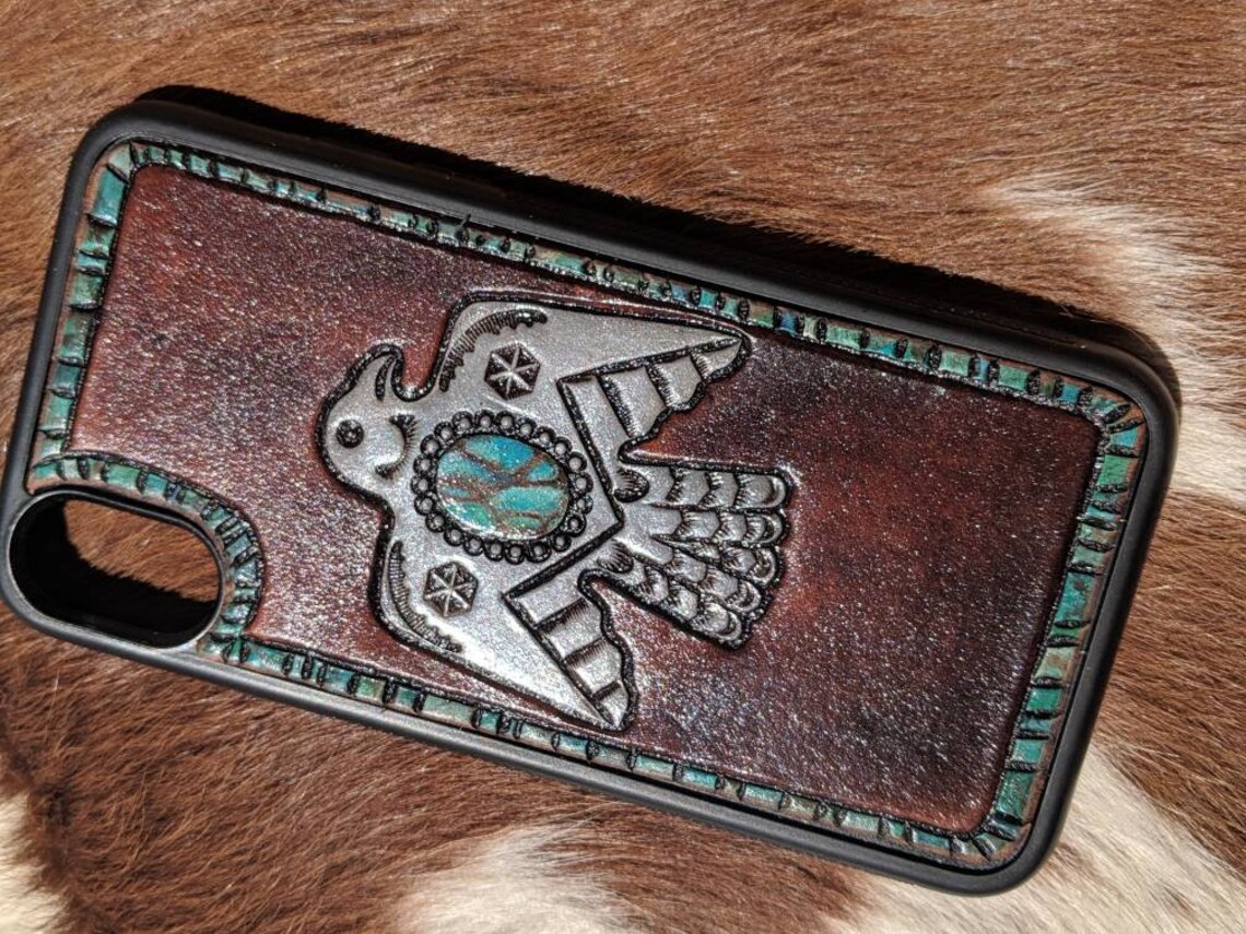 Custom Tooled Leather Thunderbird and Turquoise Phone Case - Etsy
