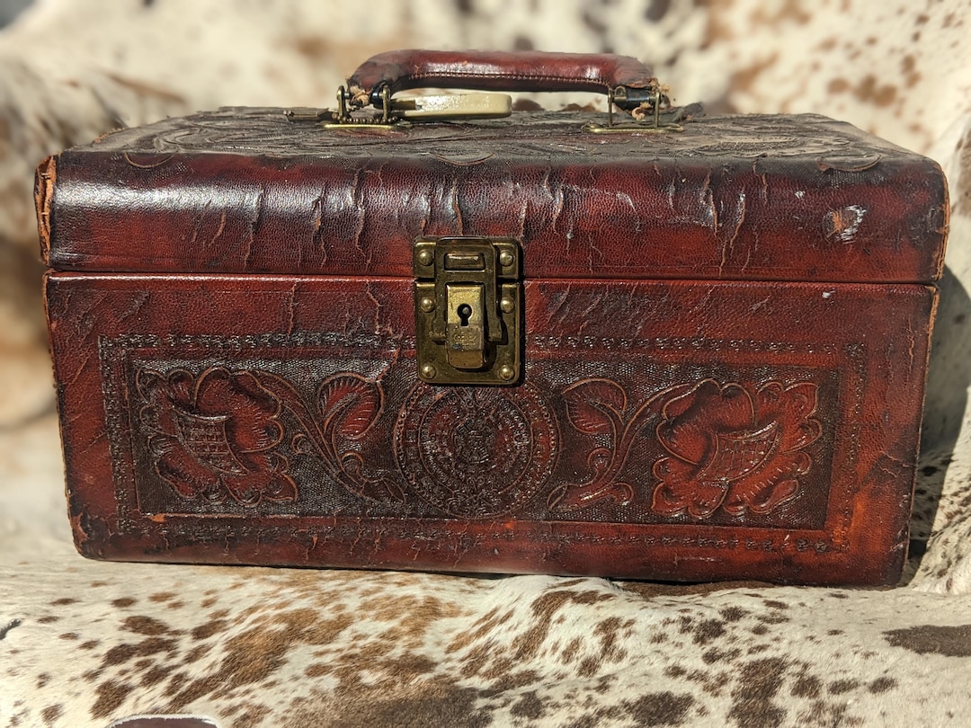 Vintage 1940s Tooled Leather Train Case Artmex Jewelry Case Mexico ...