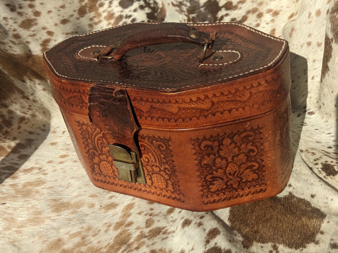 Vintage 1960s Tooled Leather Train Case Jewelry Case Mexico Handmade ...