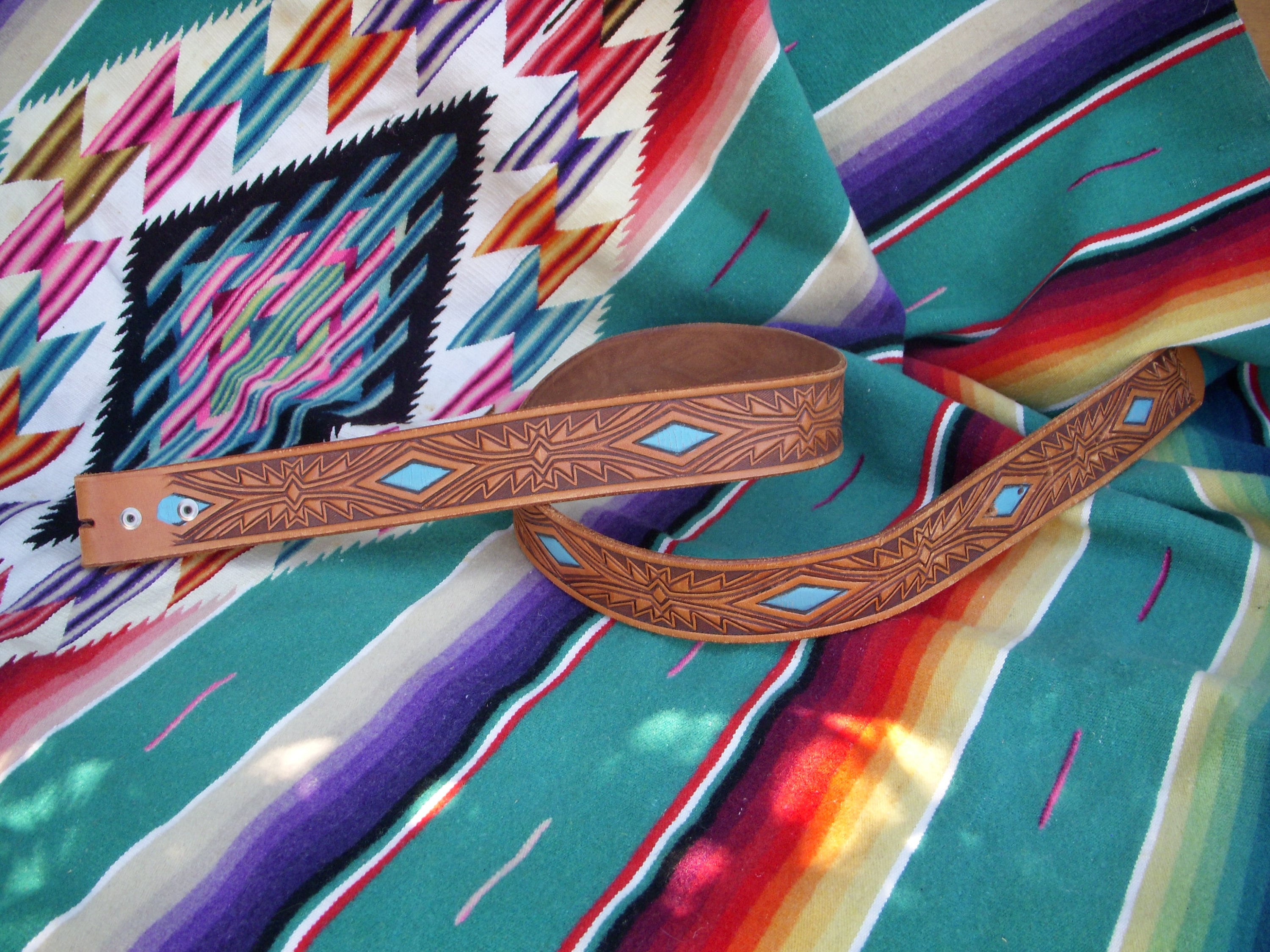 Vintage Tooled Leather Western Aztec Belt with Turquoise