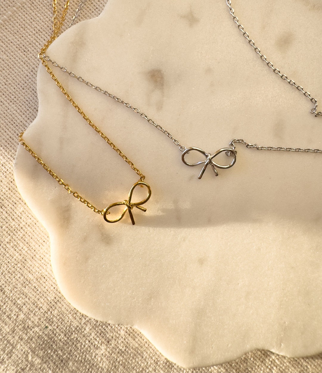 Ribbon Necklace, Silver and Gold Ribbon Necklace, Dainty Necklace - Etsy