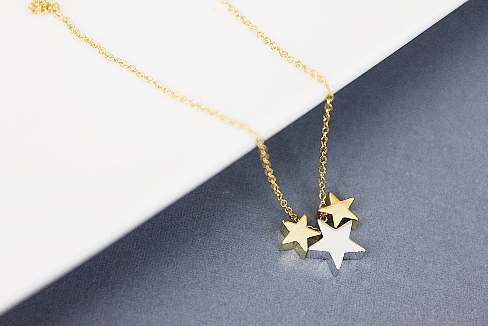 Tiny Two Gold and Silver Star Necklace . Dainty and Delicate - Etsy