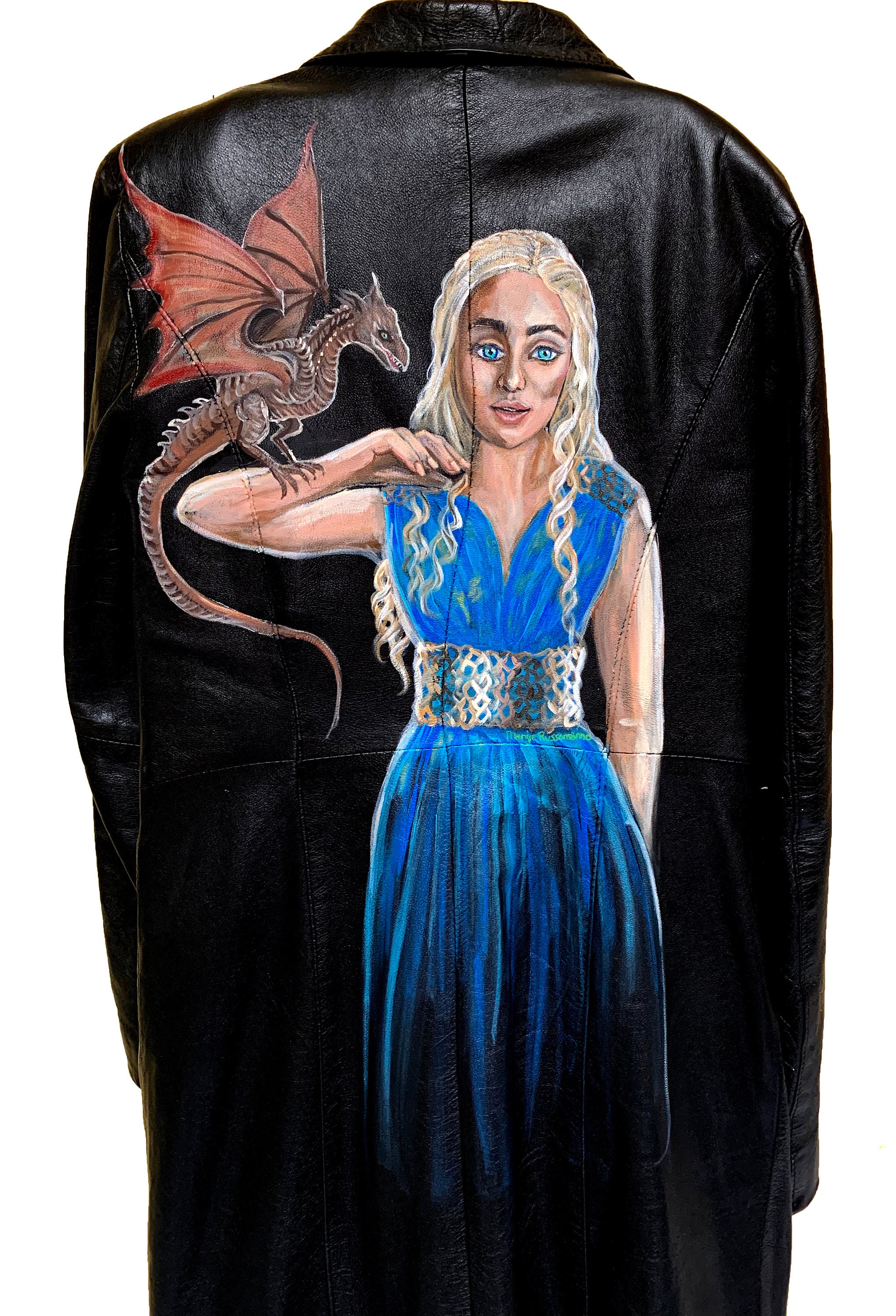 Hand Painted Long Leather Jacket - DAENERYS TARGARYEN and Her DRAGON ...