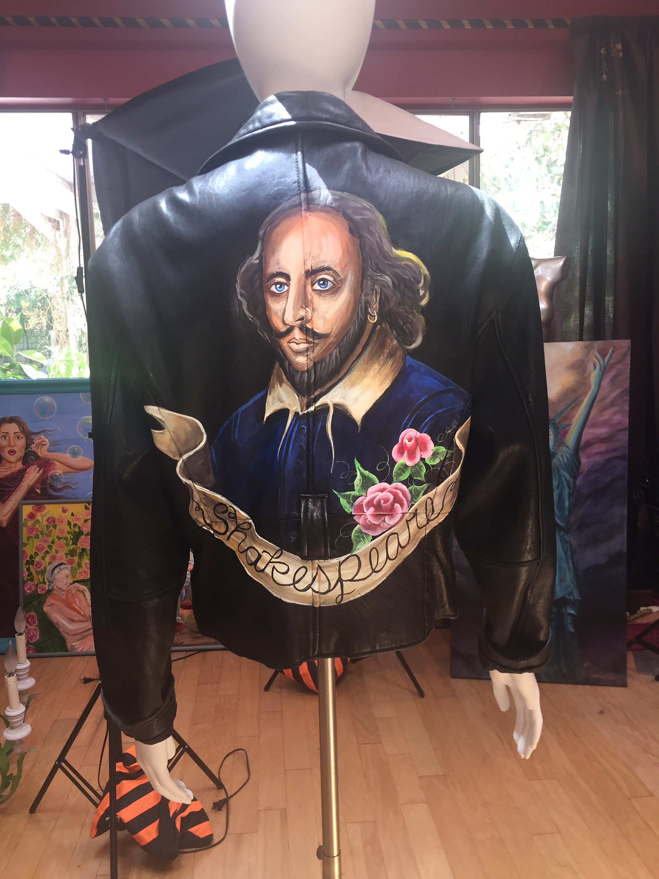 SOLD Hand Painted Leather Moto Jacket - SHAKESPEARE, Motorcycle Jacket ...