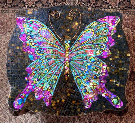 Butterfly Mosaic Table Top Mosaic Butterfly Outdoor Side Table, 14 In