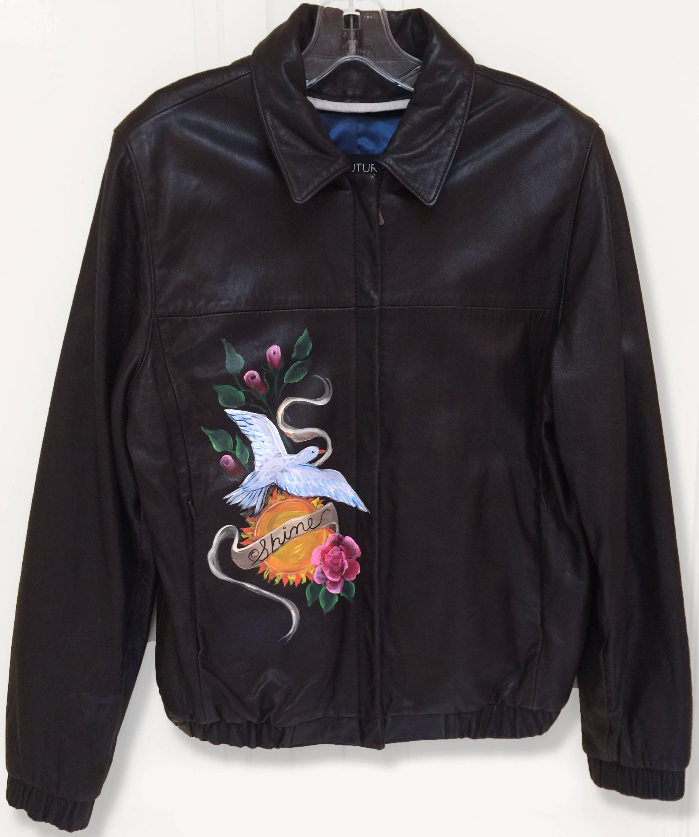 SOLD Hand Painted Leather Moto Jacket - Lighthouse, Ocean, Ignite the ...
