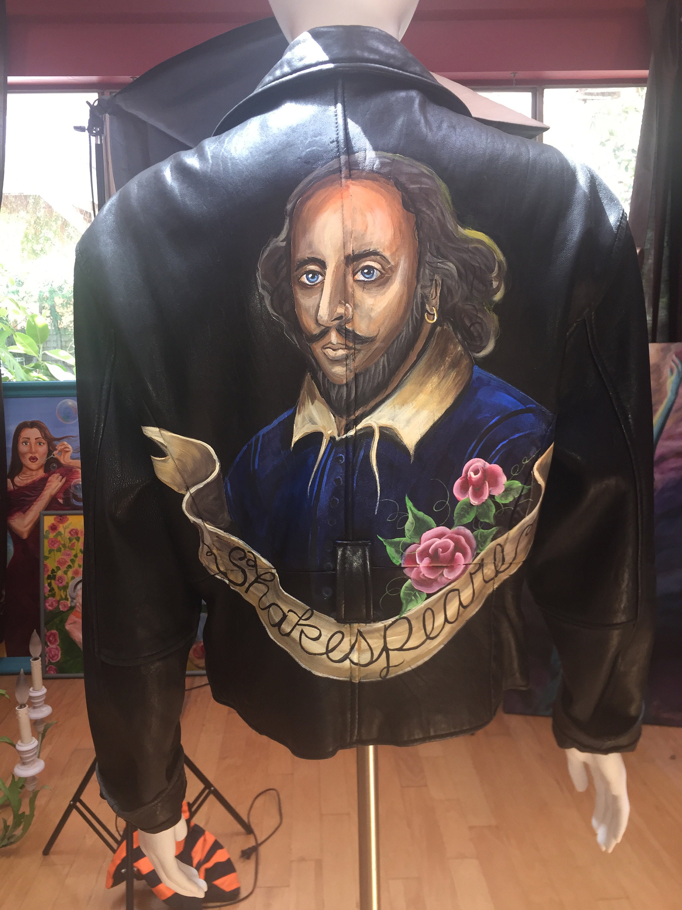 SOLD Hand Painted Leather Moto Jacket - SHAKESPEARE, Motorcycle Jacket ...