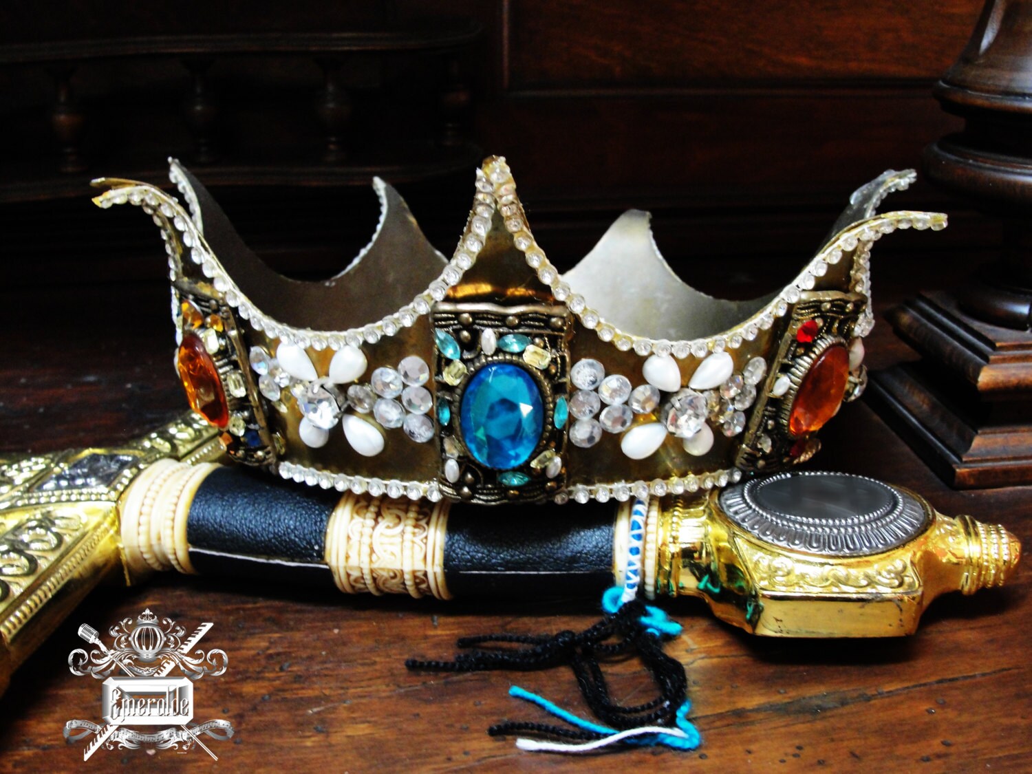 Medieval Crown With Jewels, Pearls and Rhinestones. Hammered Brass ...