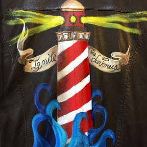 SOLD Hand Painted Leather Moto Jacket - Lighthouse, Ocean, Ignite the ...