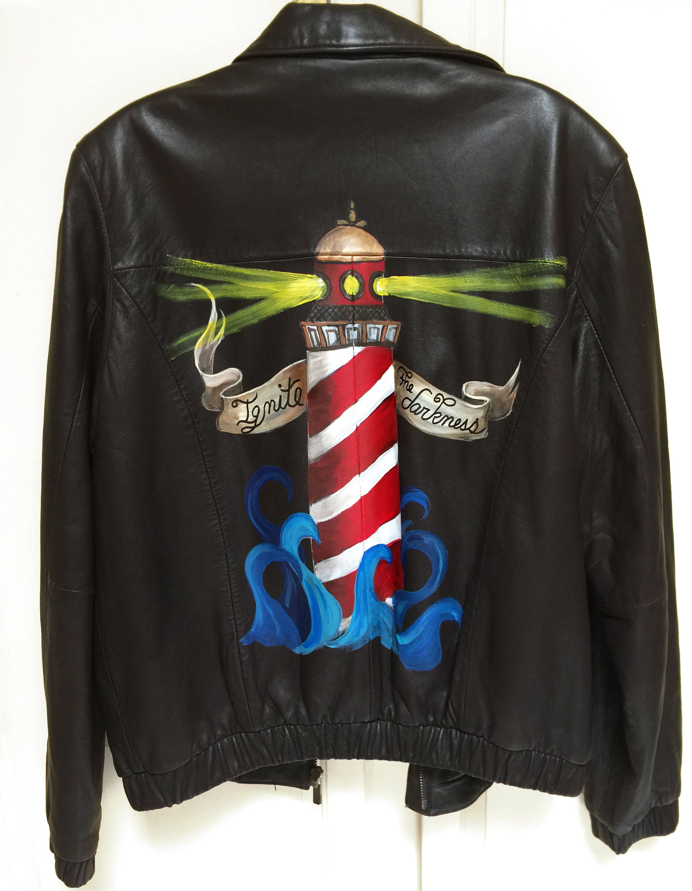 SOLD Hand Painted Leather Moto Jacket - Lighthouse, Ocean, Ignite the ...