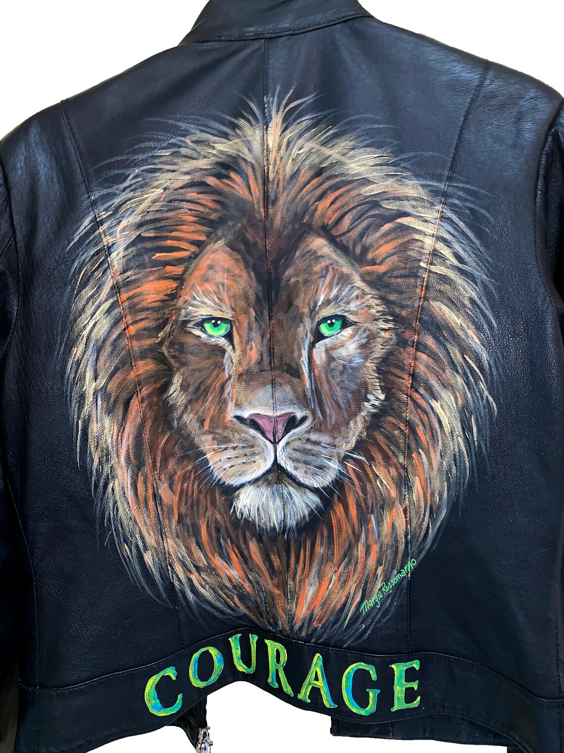 Hand Painted Black Leather Moto Jacket - Lion, Courage, Aslan ...
