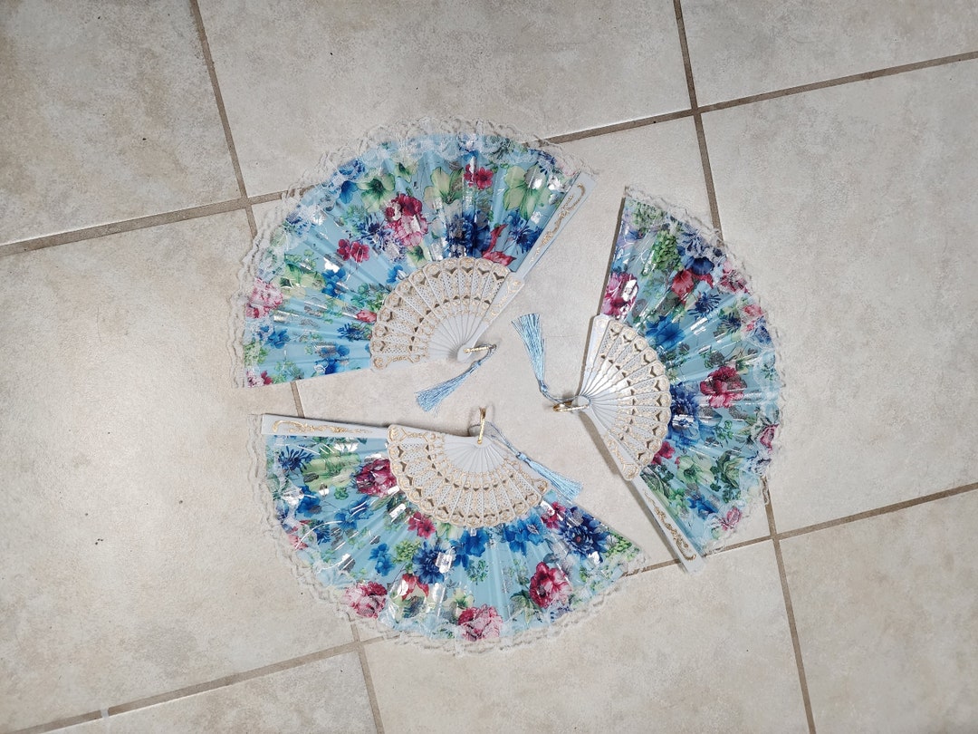 Light Blue Fan for Her / Lace Floral Hand Fan - Etsy