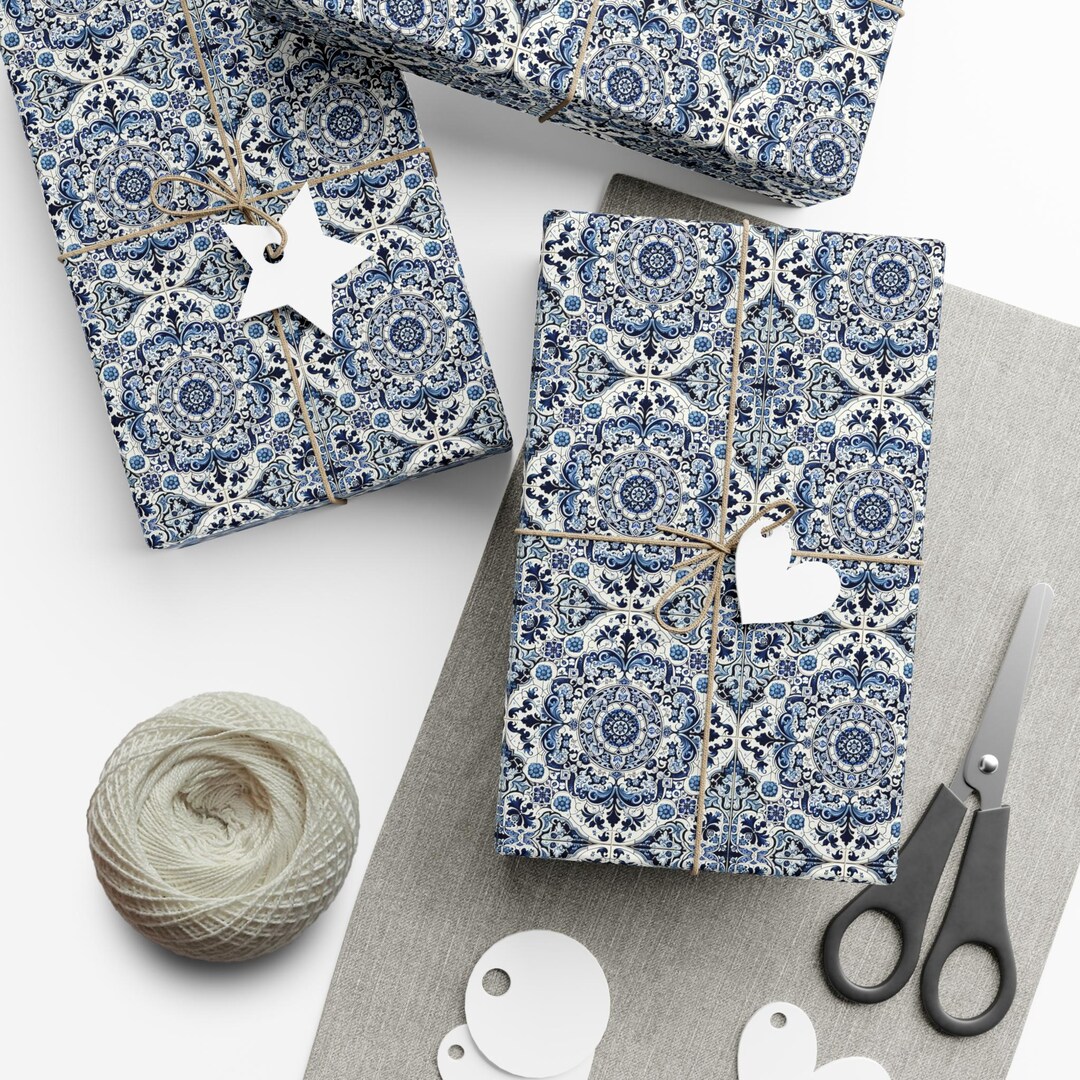 Portuguese Tile Patterned Gift Wrap Papers, Elegant Blue and White ...