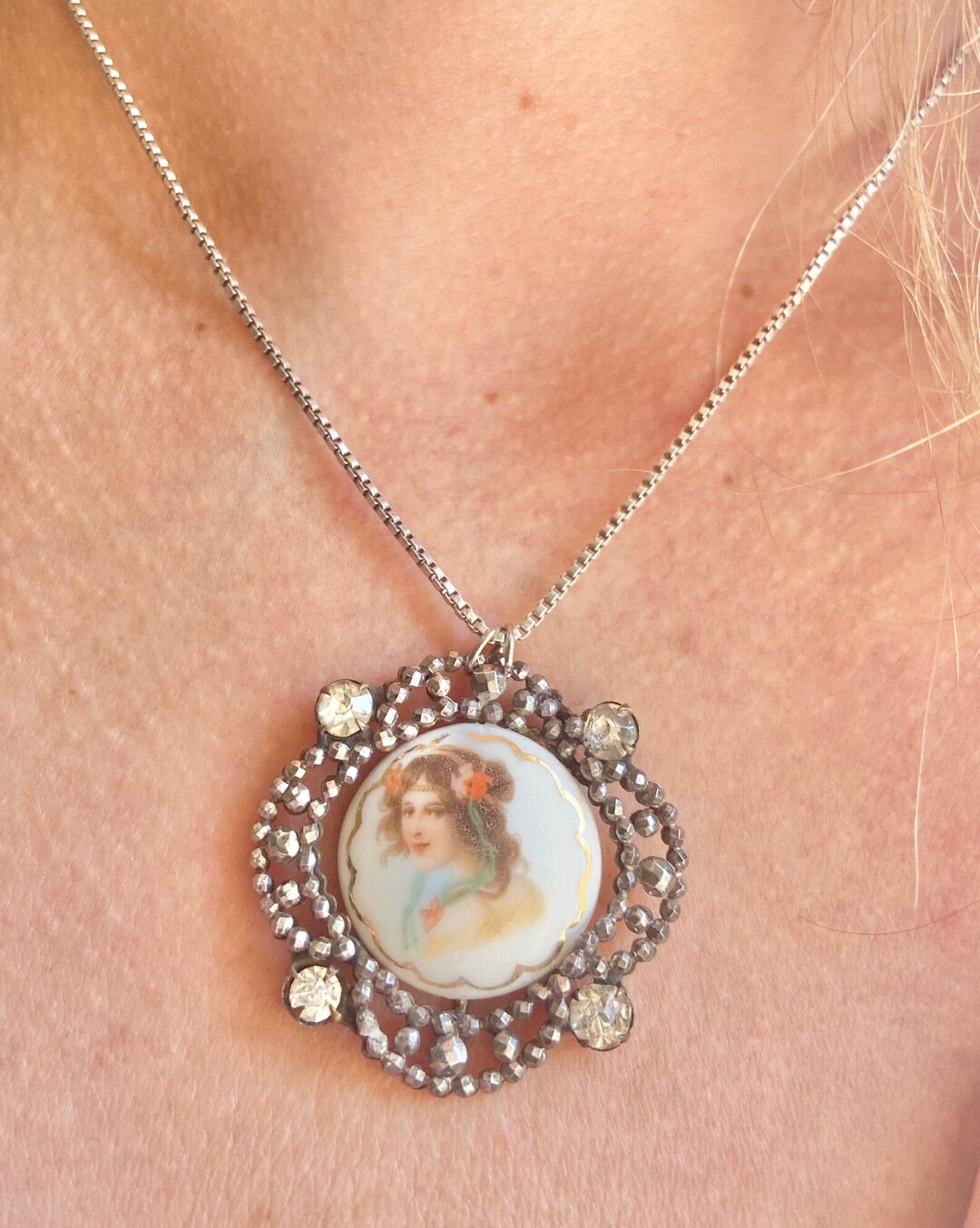 Georgian Cut Steel Miniature Portrait Paste Stones Pendant Chain ...