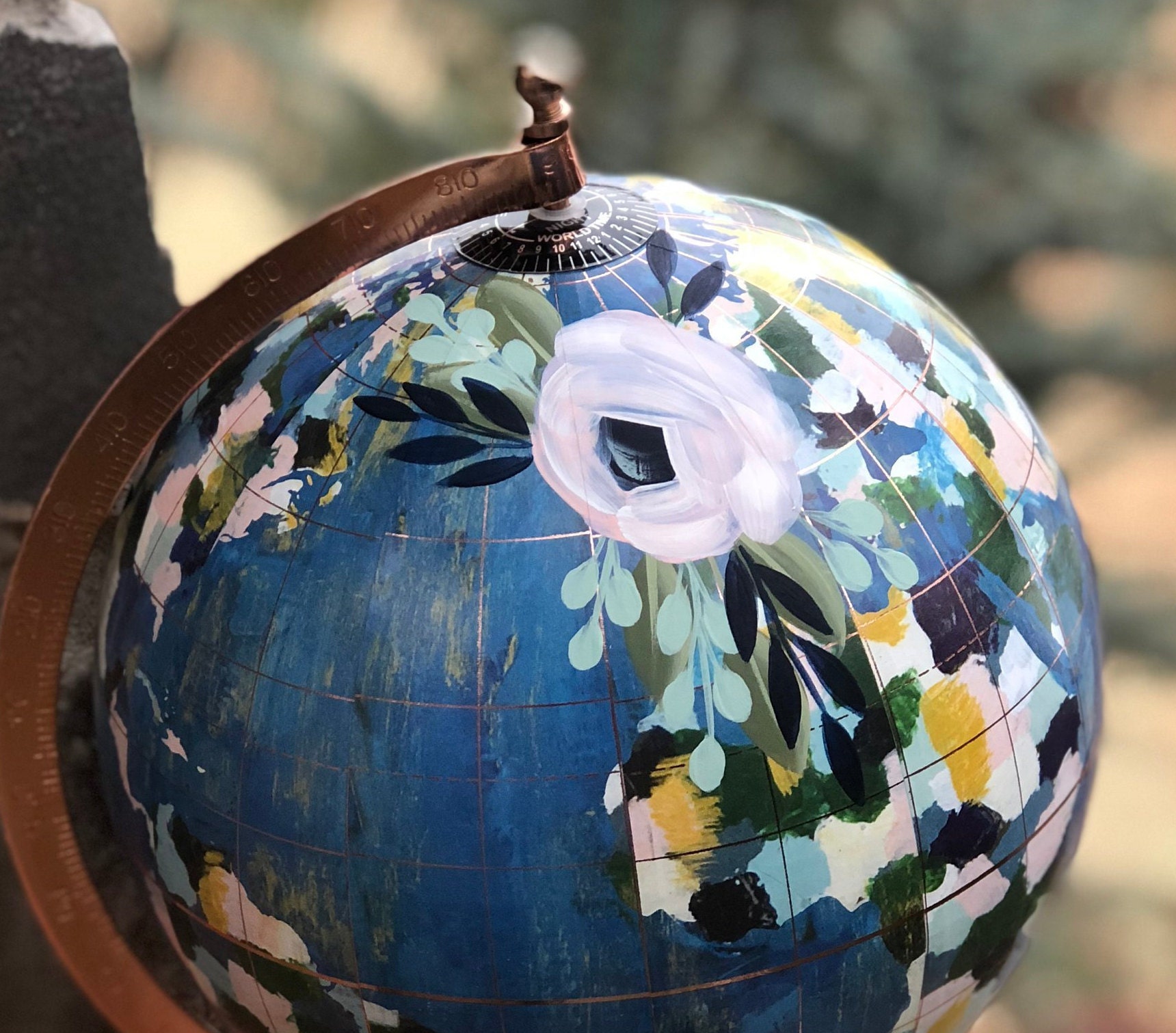 World Globe // Hand Painted Florals // Custom Lettering Option Available