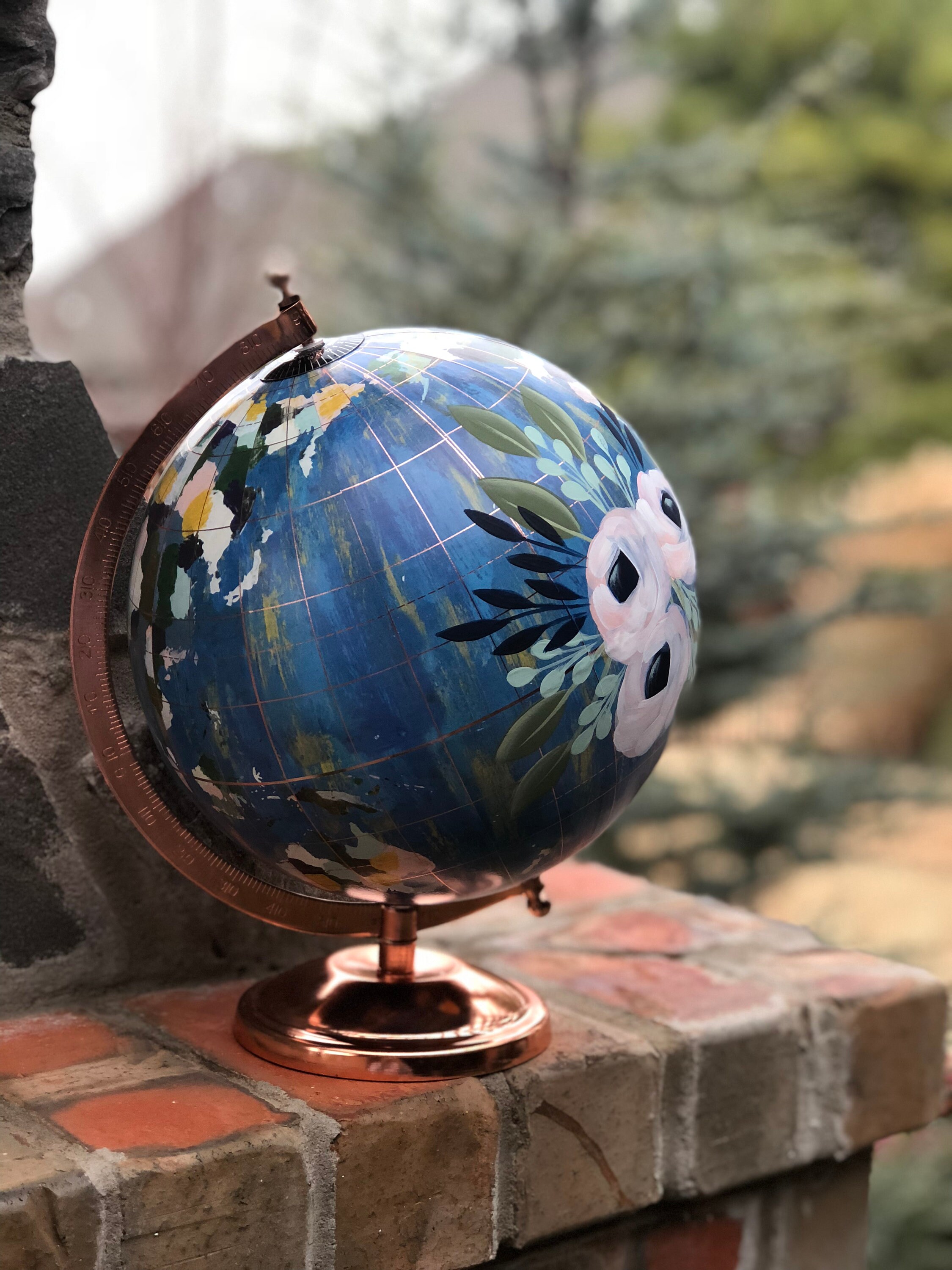 World Globe // Hand Painted Florals // Custom Lettering Option Available