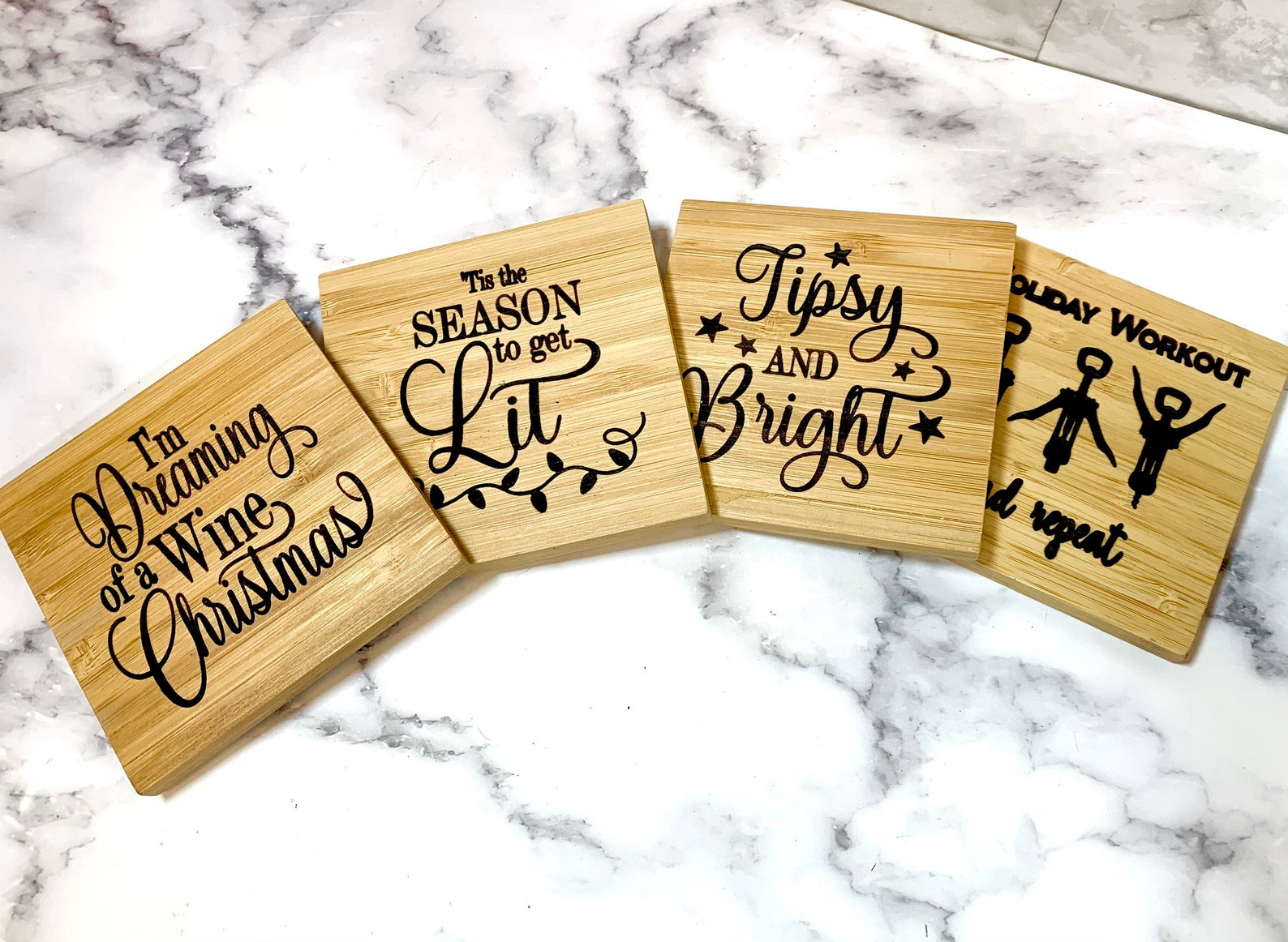 Personalized Christmas Bamboo Coasters: Wine Lover Gift, Set of 4 - Etsy
