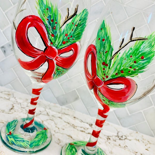Hand Painted Christmas Wine Glasses - Etsy