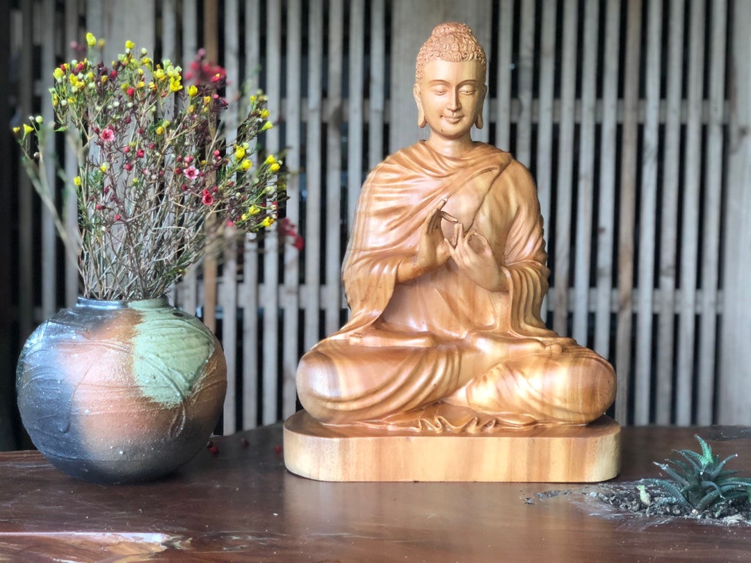 Hand Carved Wood Sitting Buddha With Dharmachakra Mudra Hand Sign ...