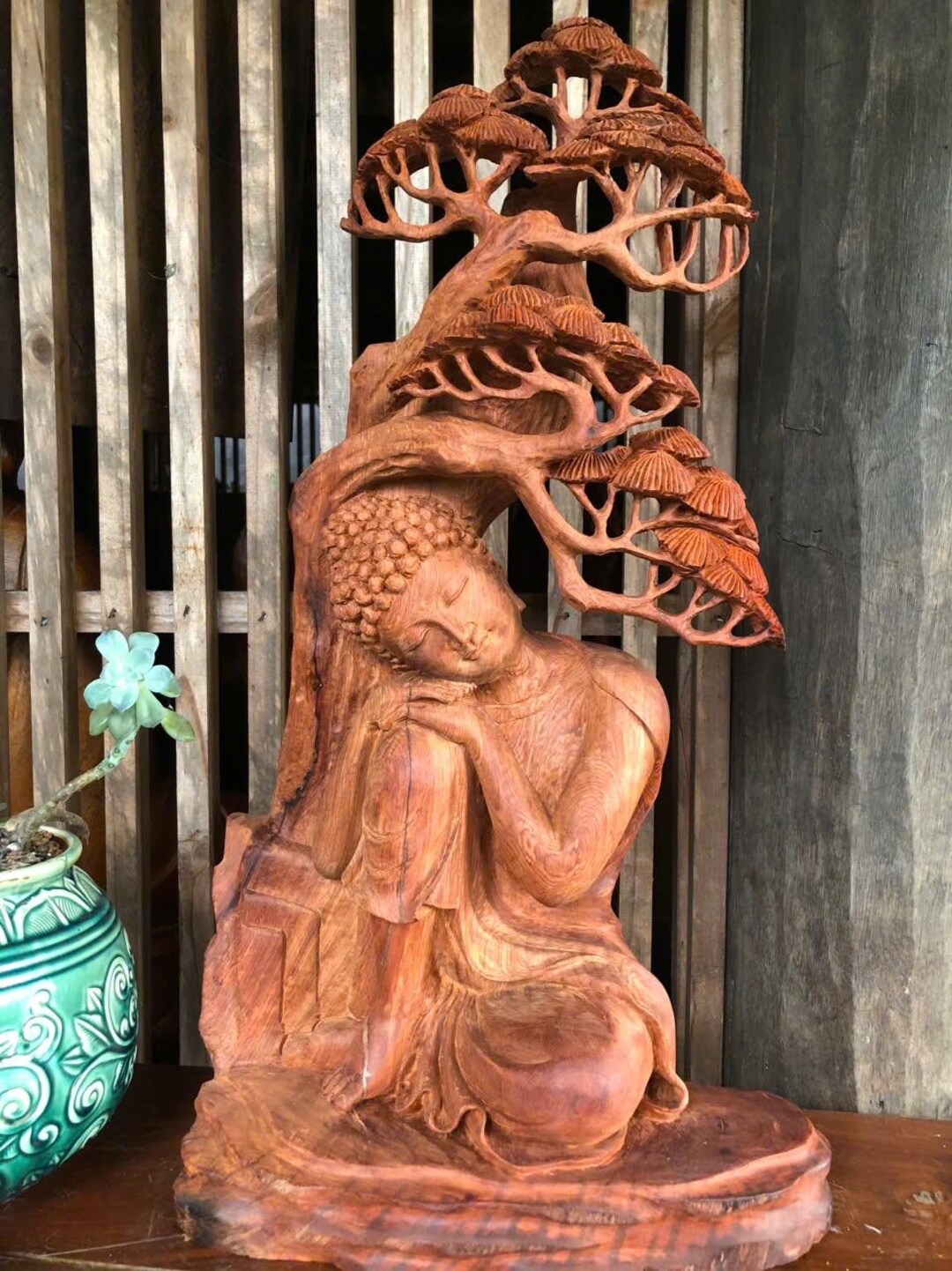 Resting Buddha Statue Under Bodhi Tree | Hand-carved Aromatic Wood ...