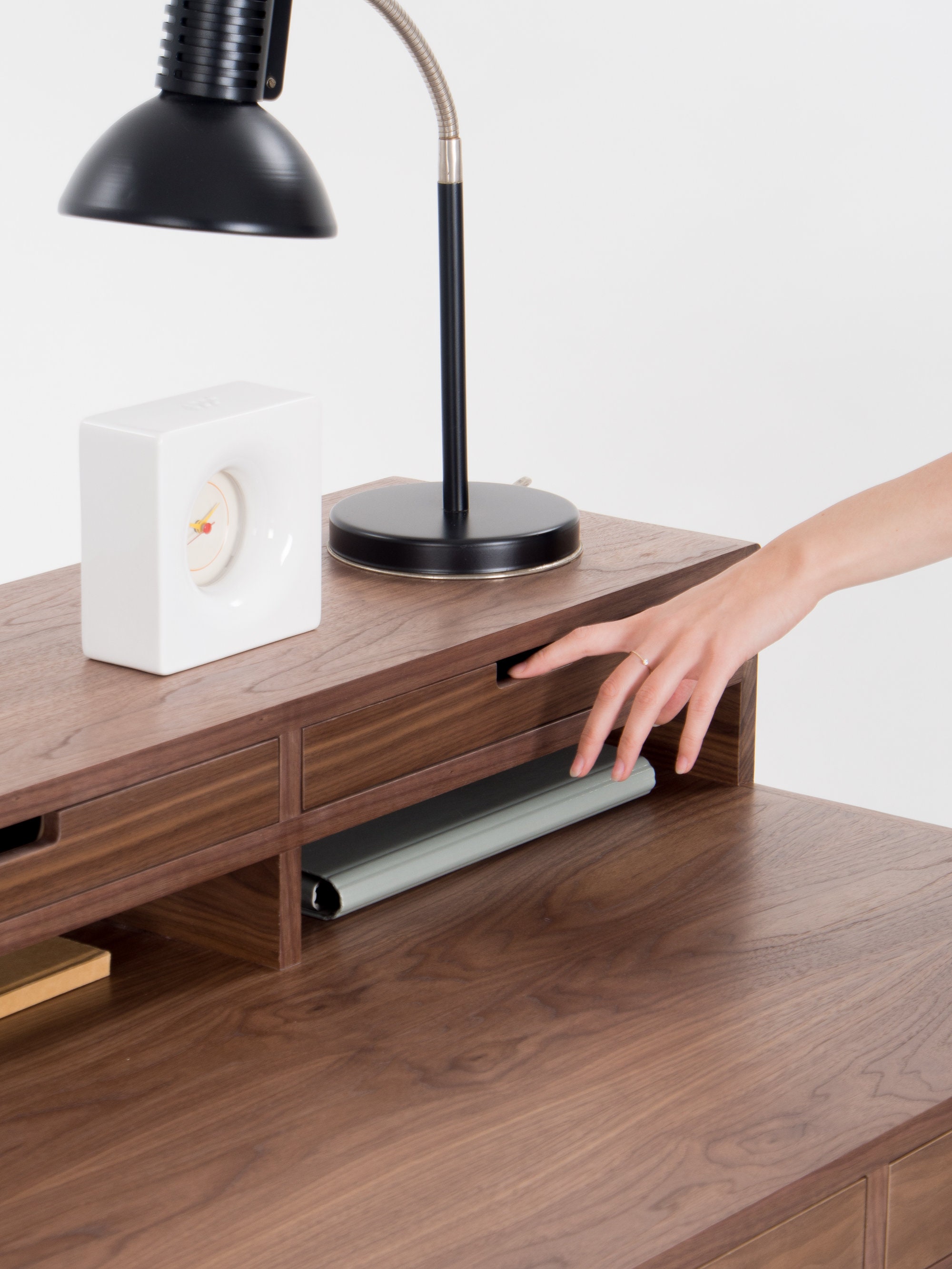 HEIM – Mid Century Modern Walnut Desk With Storage Shelf and Monitor ...