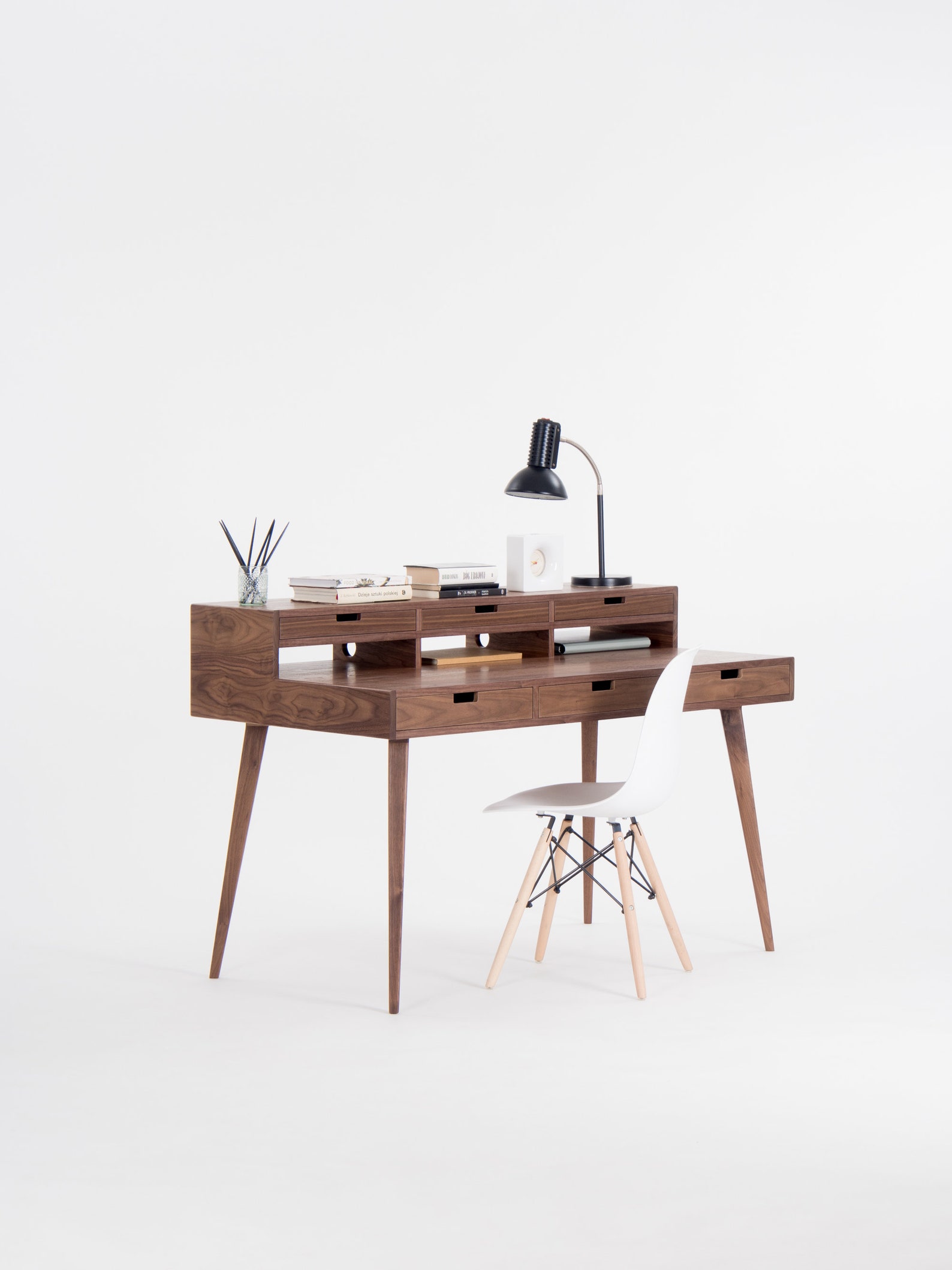 HEIM – Mid Century Modern Walnut Desk With Storage Shelf and Monitor ...