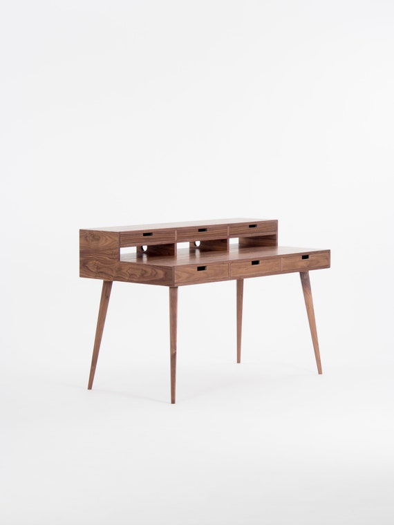 Home & Living Mid century modern walnut desk with storage shelf and ...