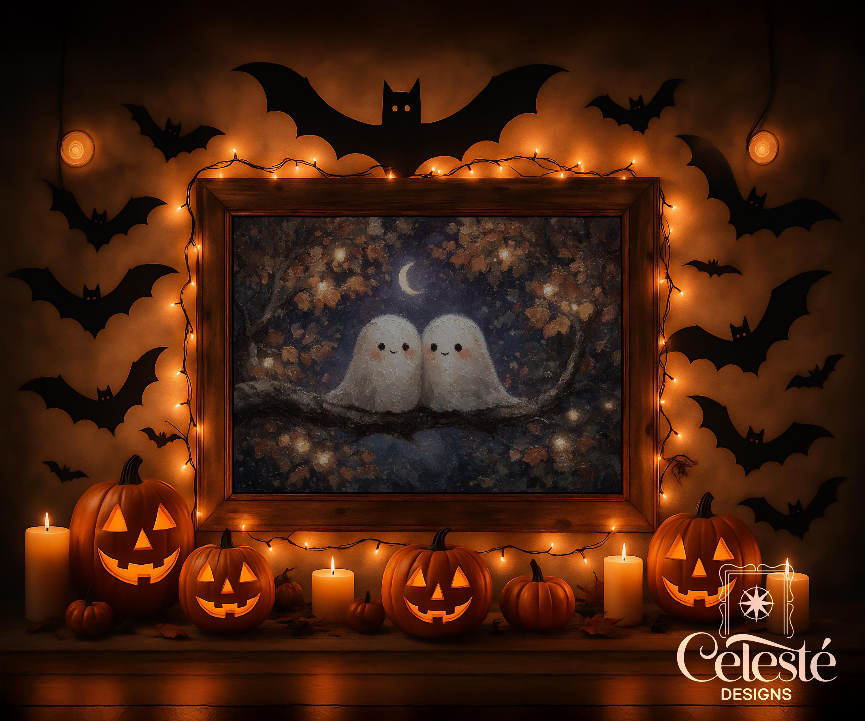 Ghost Couple Wall Art – Cute Halloween Print, Autumn Illustration ...