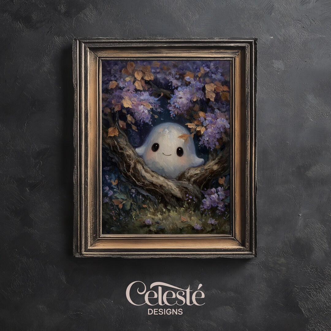 Cute Ghost Wall Art – Whimsical Halloween Print, Purple Floral Forest ...