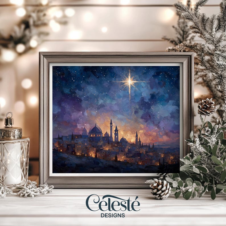 Bethlehem Night Skyline Print: Nativity Star Painting (digital Download ...