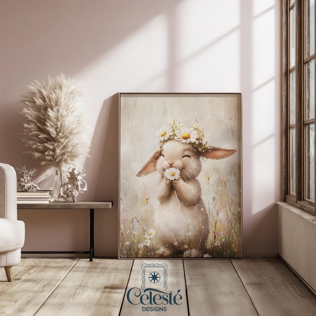 Cute Bunny Wall Art Print | Floral Crown Nursery Decor | Spring Decor ...
