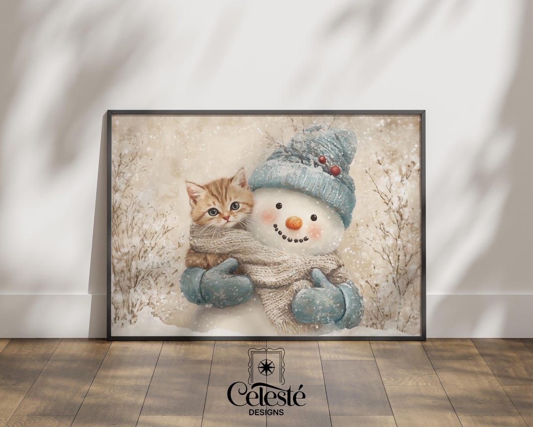 Kitten & Snowman Christmas Print: Vintage Winter Wall Art (digital ...