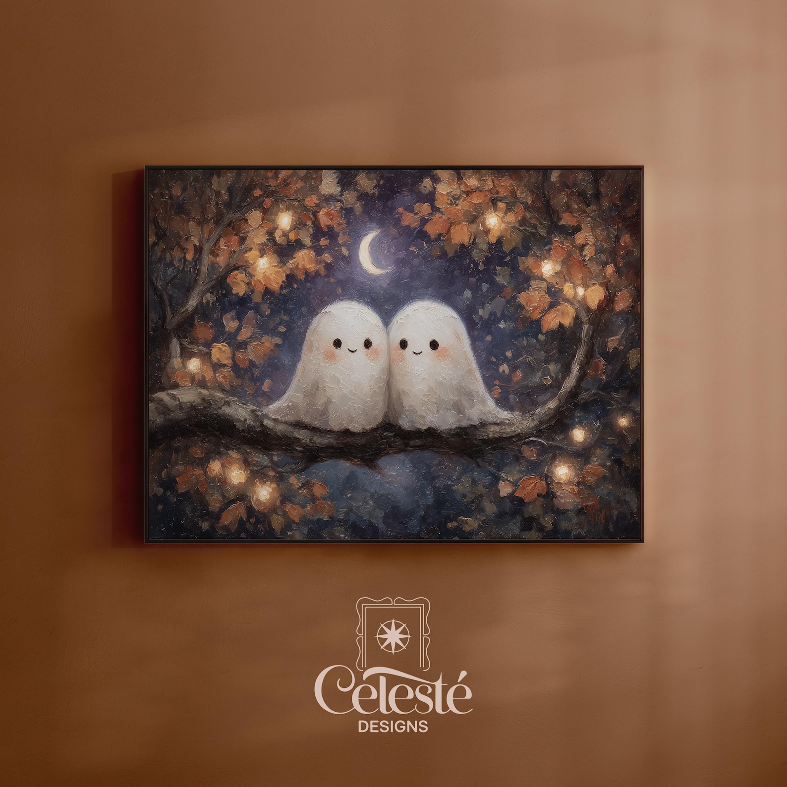 Ghost Couple Wall Art – Cute Halloween Print, Autumn Illustration ...