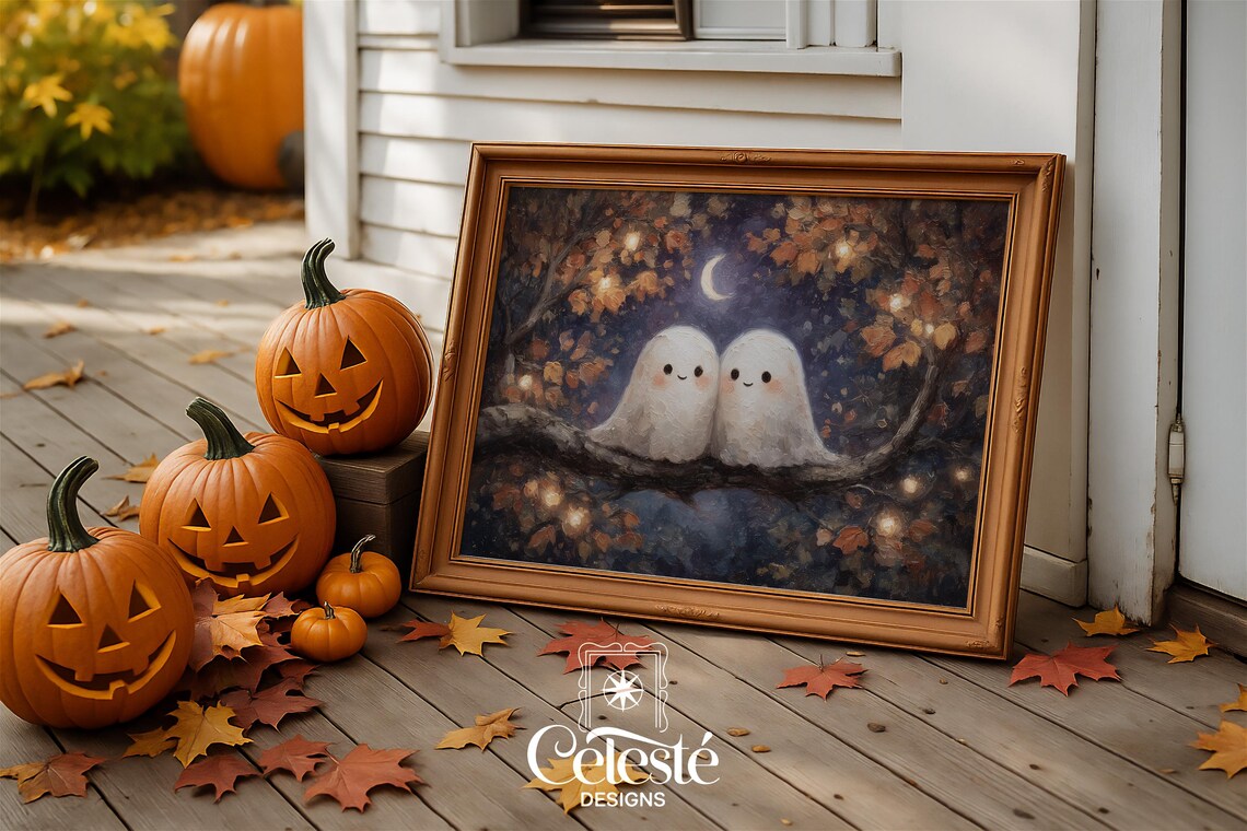 Ghost Couple Wall Art – Cute Halloween Print, Autumn Illustration ...