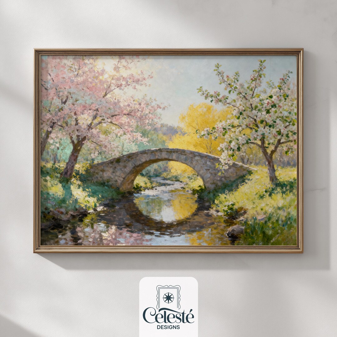 Printable Wall Art Pastel Spring Bridge, Romantic Cottagecore Landscape ...