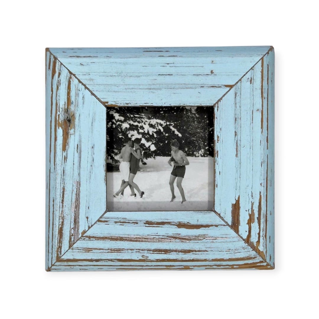 4x4 Upcycled Timber Photo Frame: Reclaimed Wood, Weathered Blue Paint ...