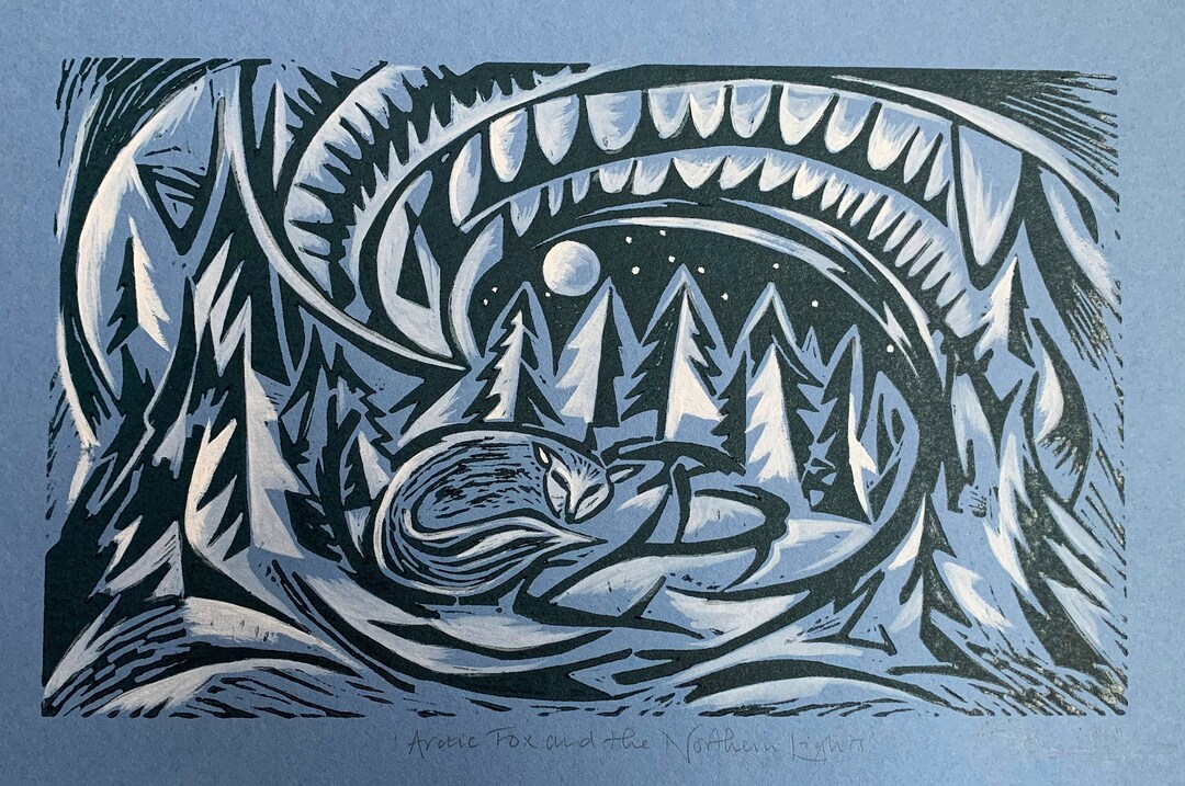 Original Hand-printed and Hand-painted Lino Print - Arctic Fox and the ...