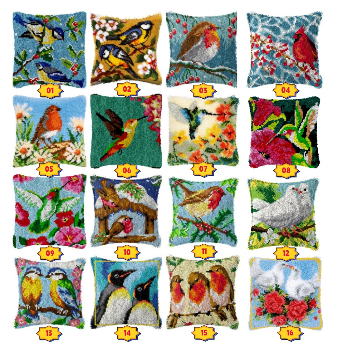 DIY Latch Hook Pillow Kits, Color Printed Throw Pillow Cover Birds ...