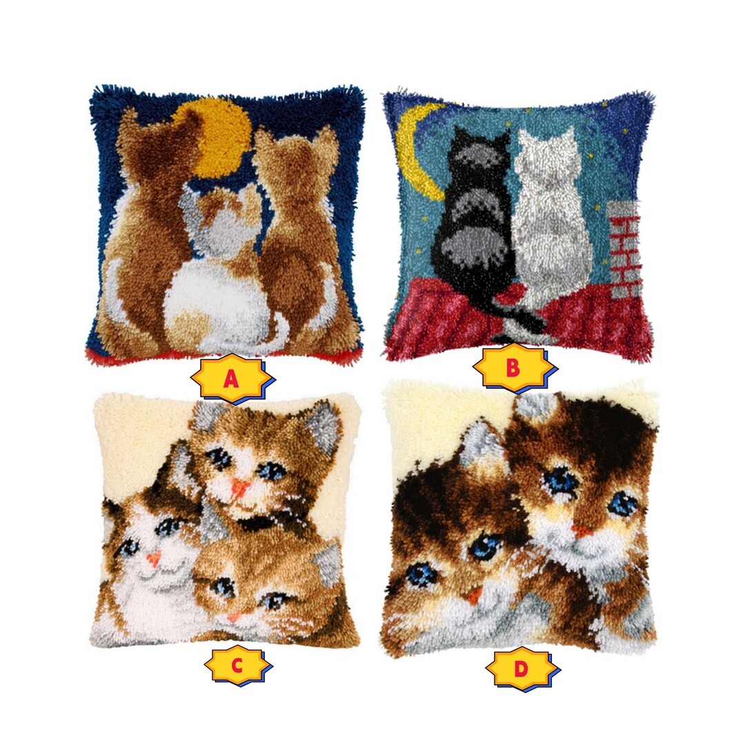 DIY Latch Hook Pillow Kits, Color Printed Throw Pillow Cats, Cross ...