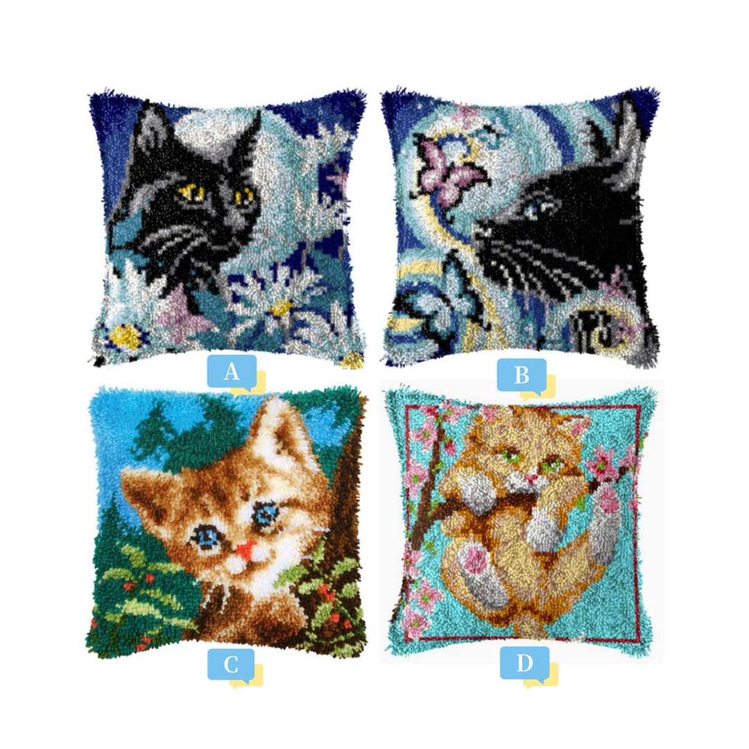 DIY Latch Hook Pillow Kits, Color Printed Throw Pillow Cats, Cross ...