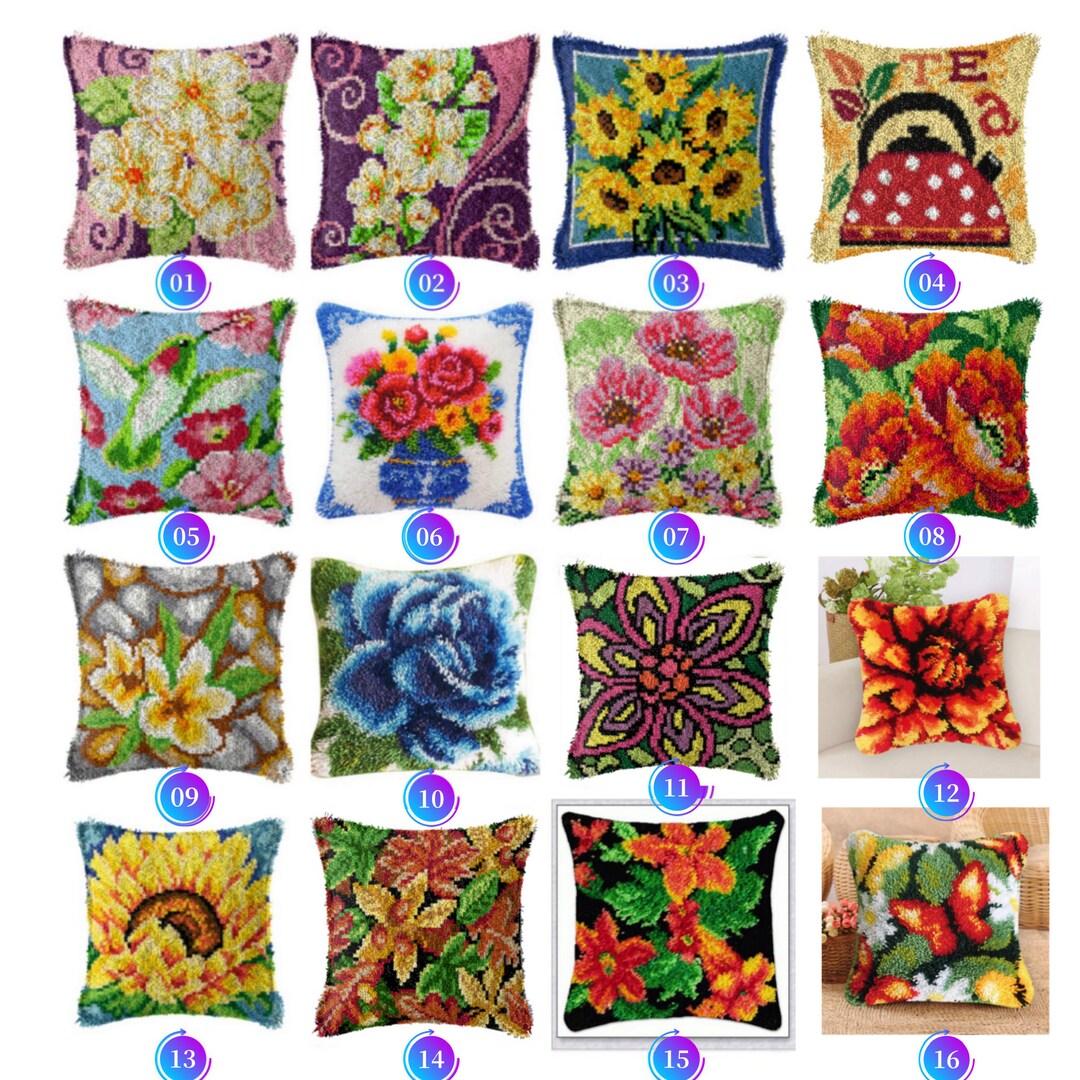 DIY Latch Hook Pillow Kits, Color Printed Throw Pillow Cover Flower ...