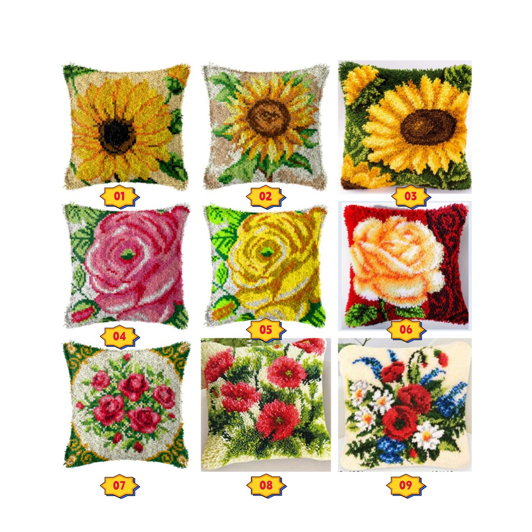 DIY Latch Hook Pillow Kits, Color Printed Throw Pillow Cover Flower ...