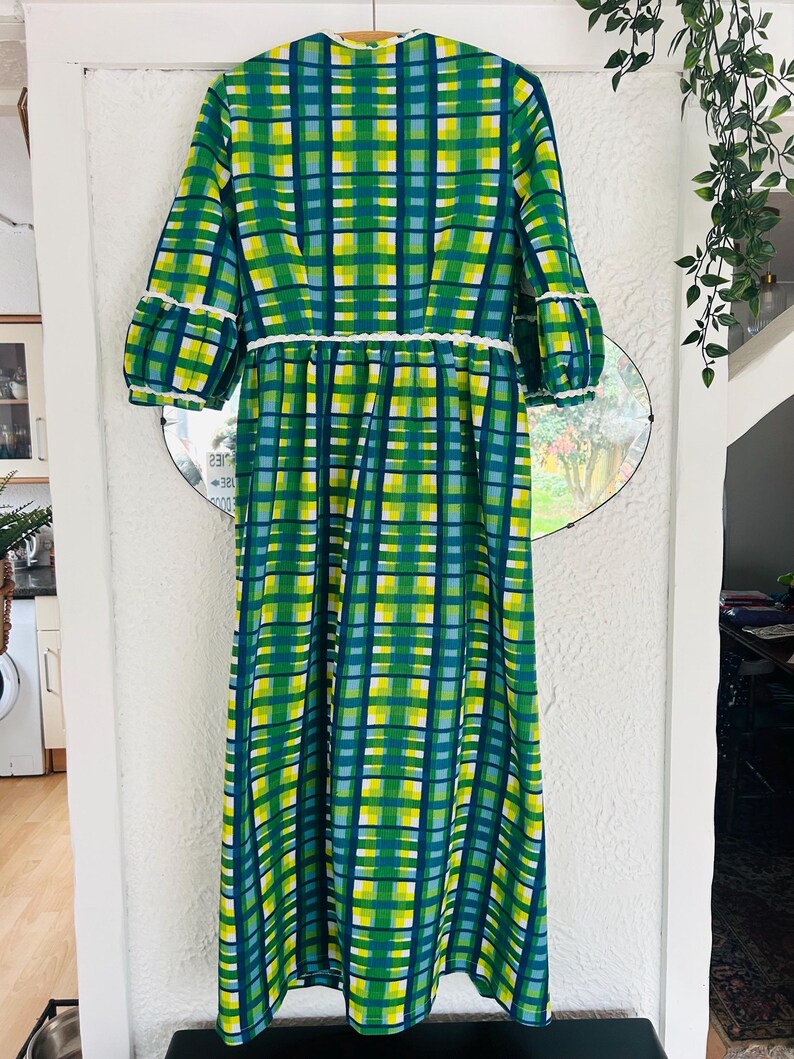Vintage 1960’s Green Gingham Check Puff Sleeve Maxi Dress Crimplene ...