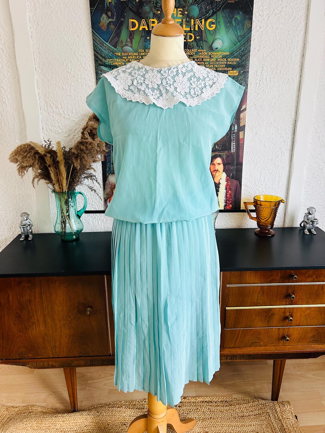 Vintage Richard Shops Blue Day Dress With Lace Collar U.K. Size 10 ...