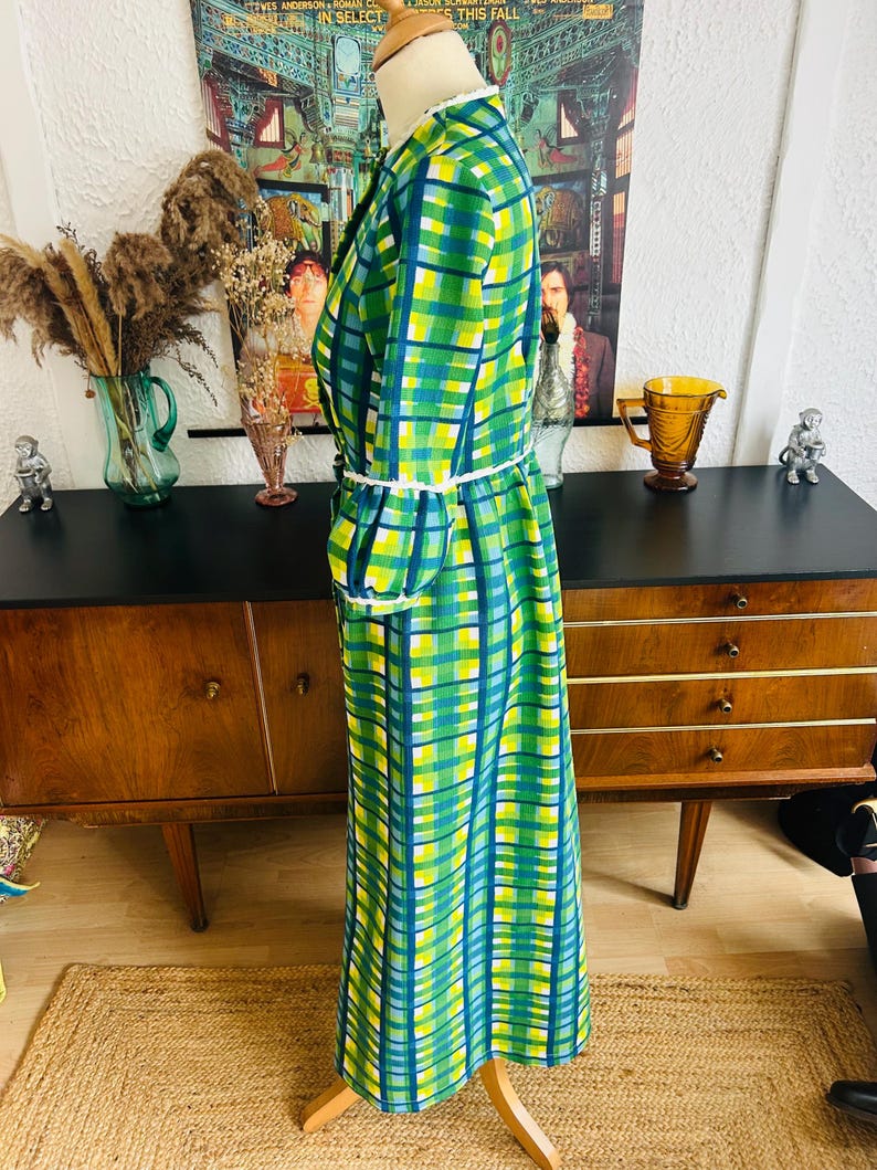Vintage 1960’s Green Gingham Check Puff Sleeve Maxi Dress Crimplene ...