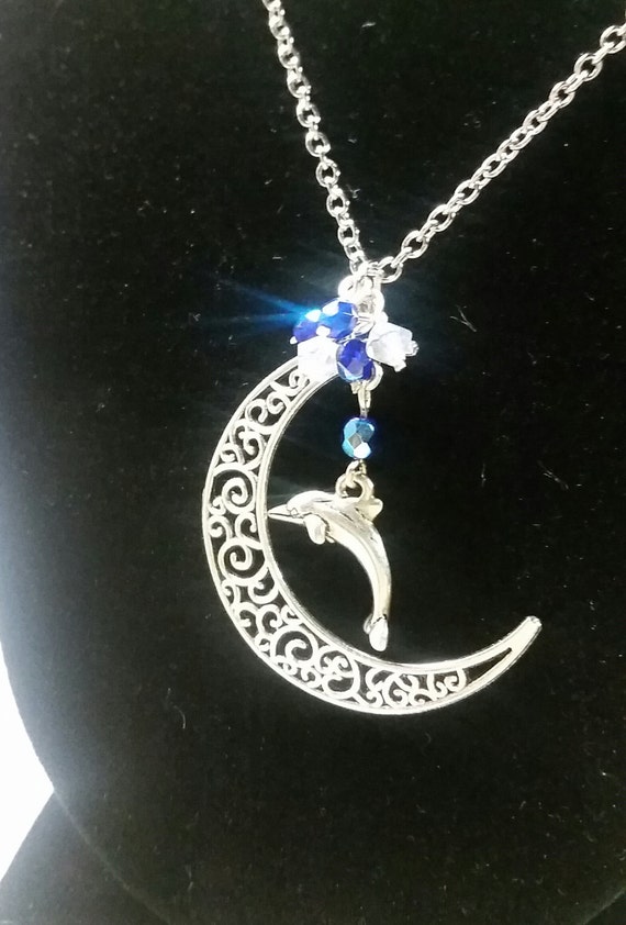 Filigree Cresent Moon With Dolphin Necklace | Etsy