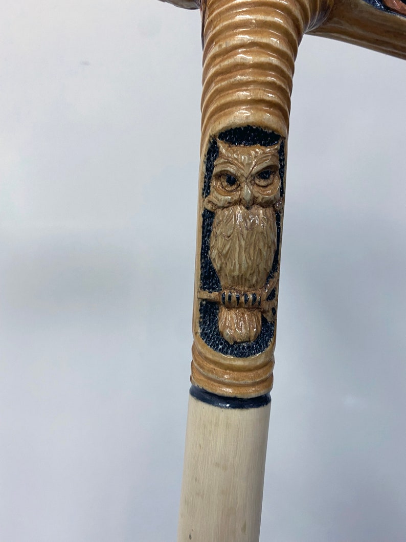 Hand Made Cane With Eagle, Cat and Owl Carvings From One Piece by ...