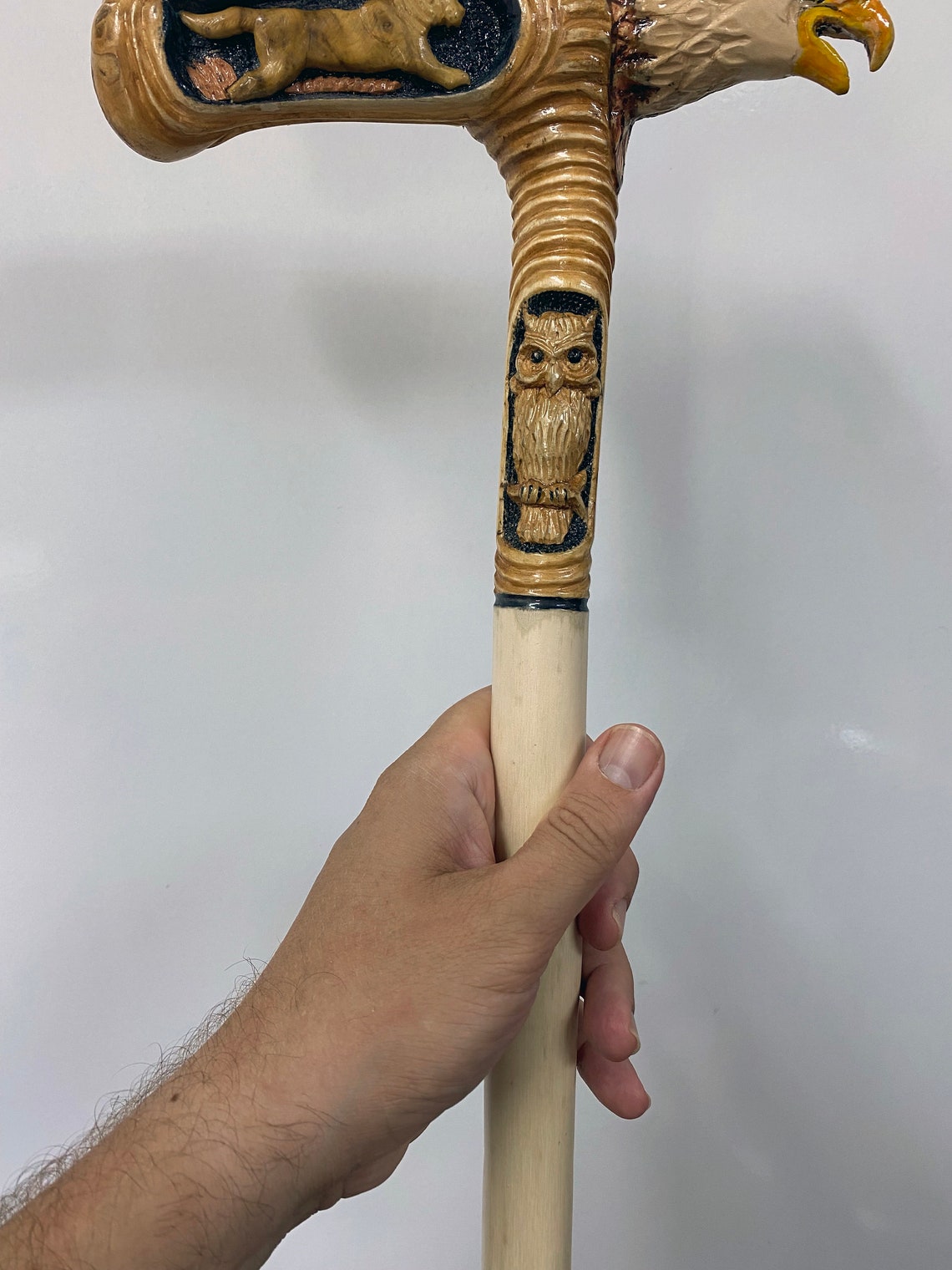 Hand Made Cane With Eagle, Cat and Owl Carvings From One Piece by ...