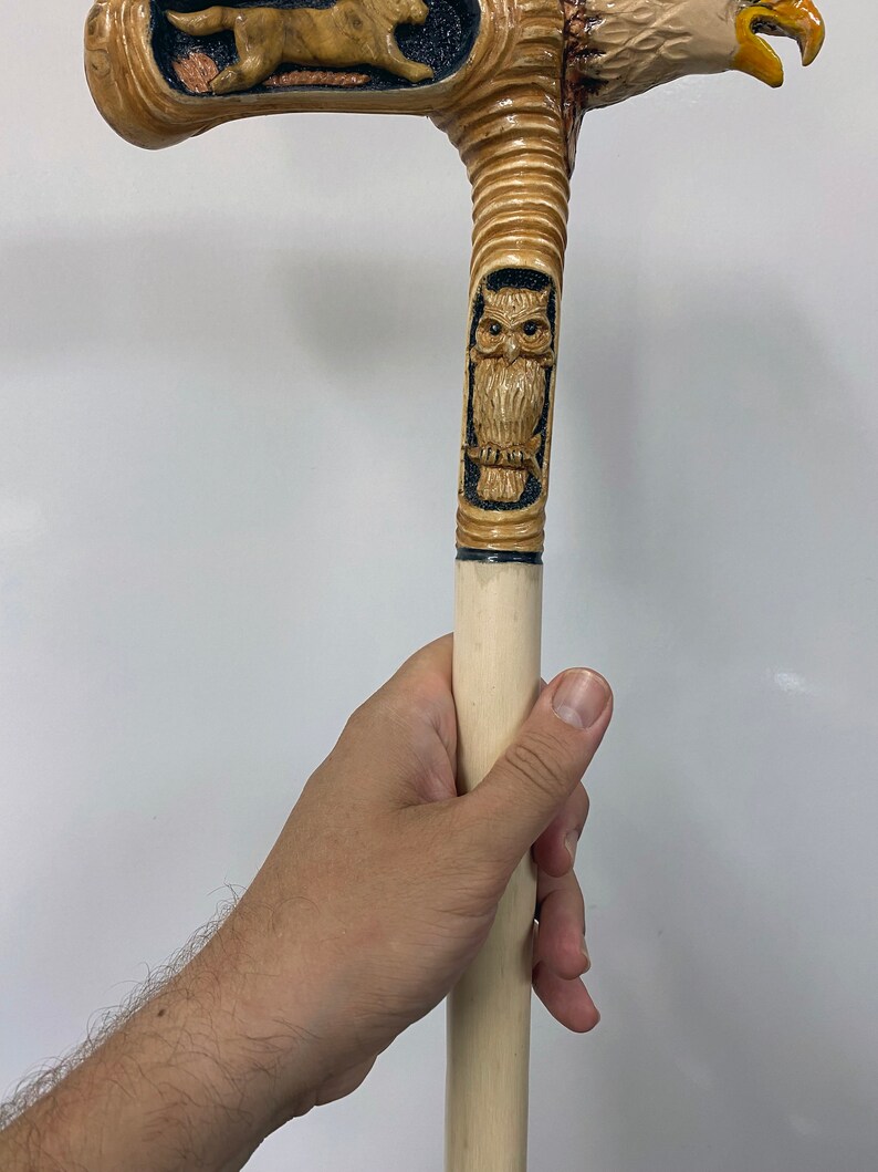 Hand Made Cane With Eagle, Cat and Owl Carvings From One Piece by ...